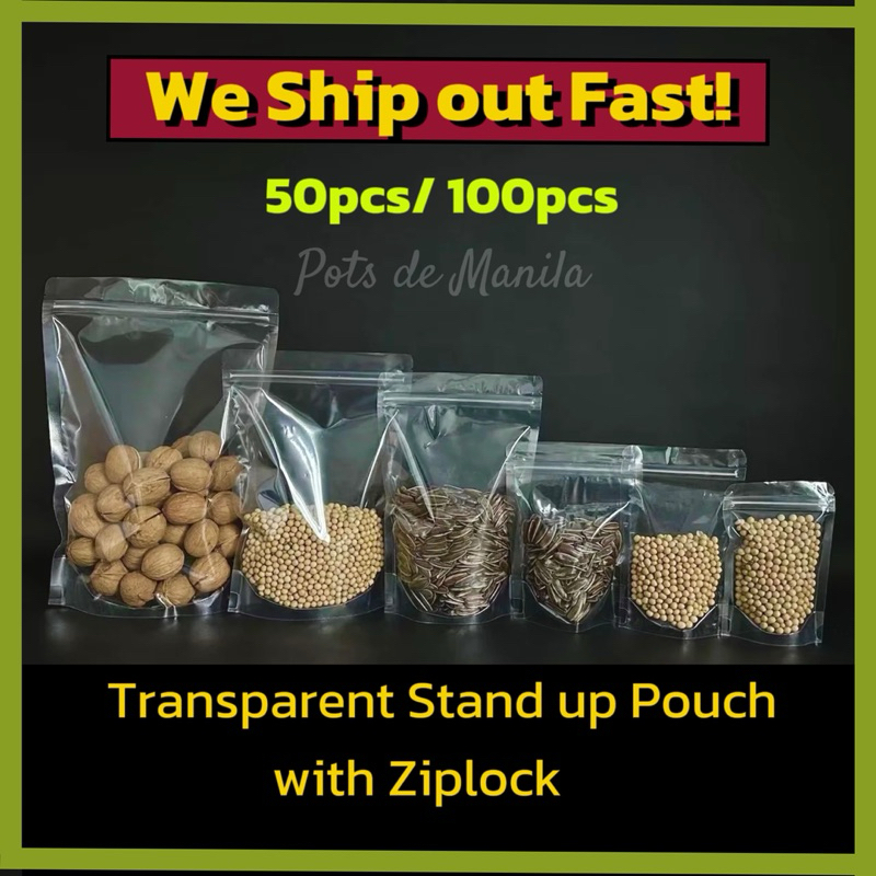 50pcs, 100pcs Full CLEAR Stand up Pouch with Zip Lock Resealable Plastic Bag Packaging | Shopee ...