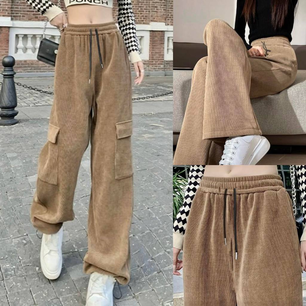 Womens Corduroy Highwaist Side Pocket Drawstring Loose Style Straight ...