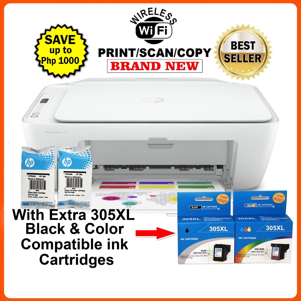 HP Deskjet 2710 Print/Copy/Scan Wireless w/ Extra 305XL Black & Tri ...