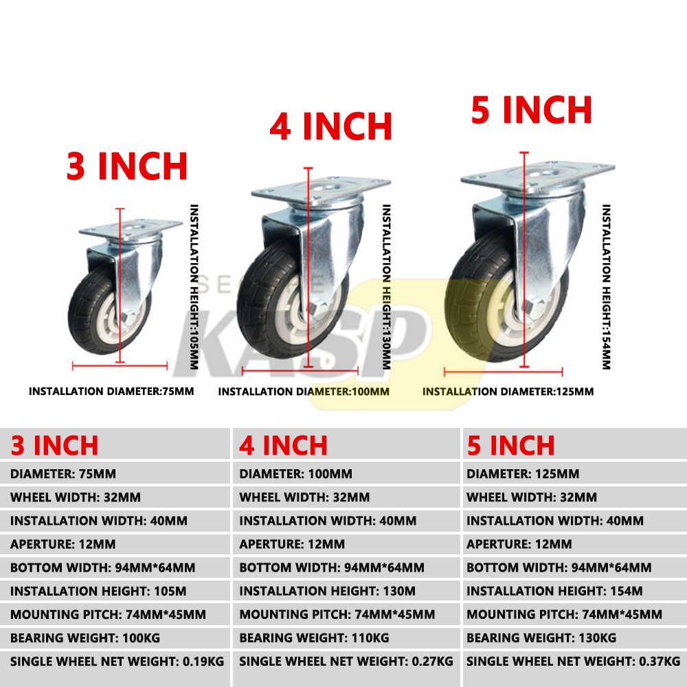 3/4/5inch Black Rubber Caster Wheel Heavy Duty Industrial Push Cart ...