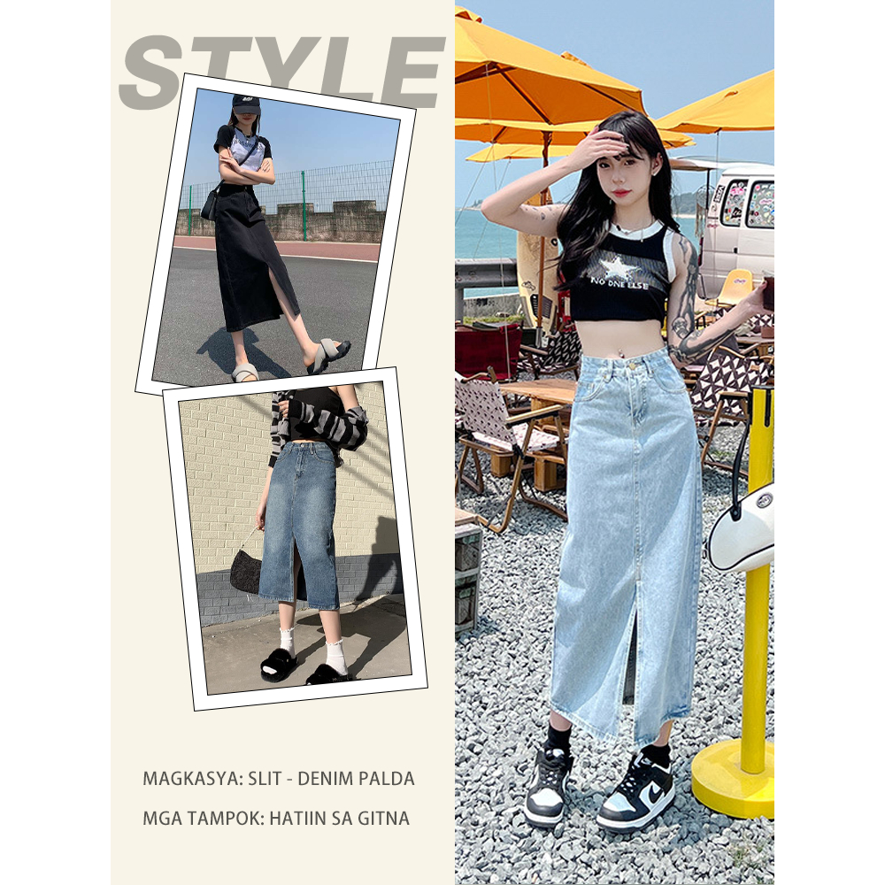 24 na maong skirt na may haba sa gitna, Korean na may mataas na baywang ...