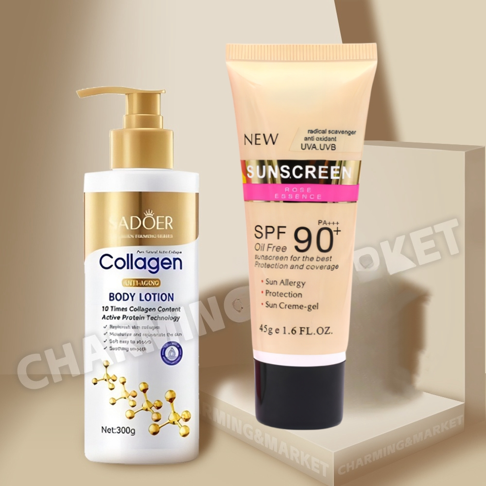 Collagen Whitening Body Lotion and SPF90+ Whitening Sunscreen Cream Set Long Lasting UV ...