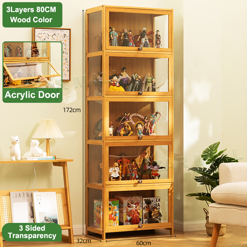 【On Hand】Bamboo Display Cabinet Acrylic 3/4/5Layers Wooden Storage ...