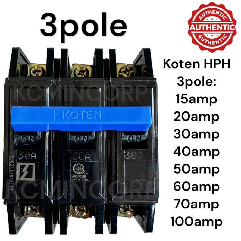 BOLT-ON Koten Circuit Breaker 3POLE 3 Phase 15, 20, 30, 40, 50, 60, 70 ...