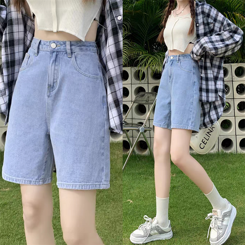 High-Waisted Denim Shorts Simple Plain Fifth Pants Unisex | Shopee ...