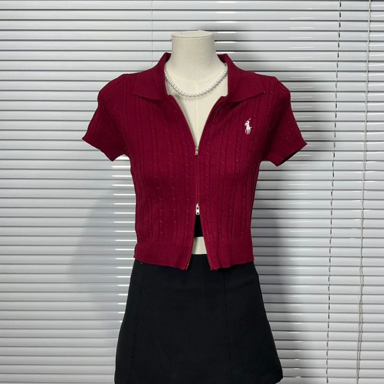 #1203 [XS-S] Korean Zipper Knitted Croptop Embroidery Logo Blouse ...