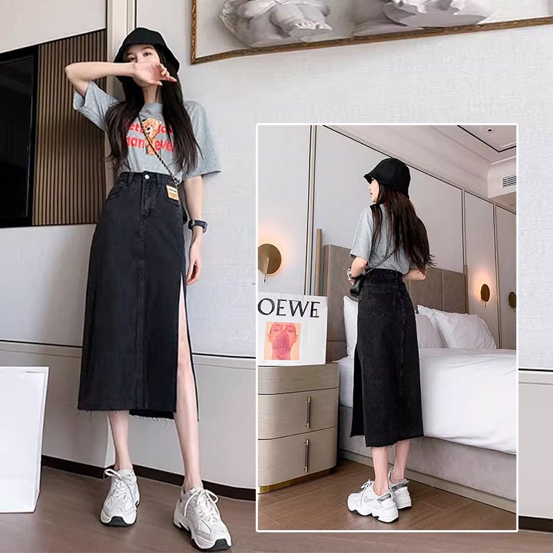 Plus size High slit long denim skirt for women High Waist jeans ...