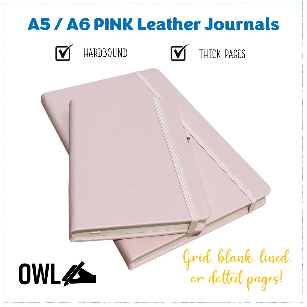A5 or A6 Pink Hard Bound PU Leather Journals - Dotted Lined Grid or ...