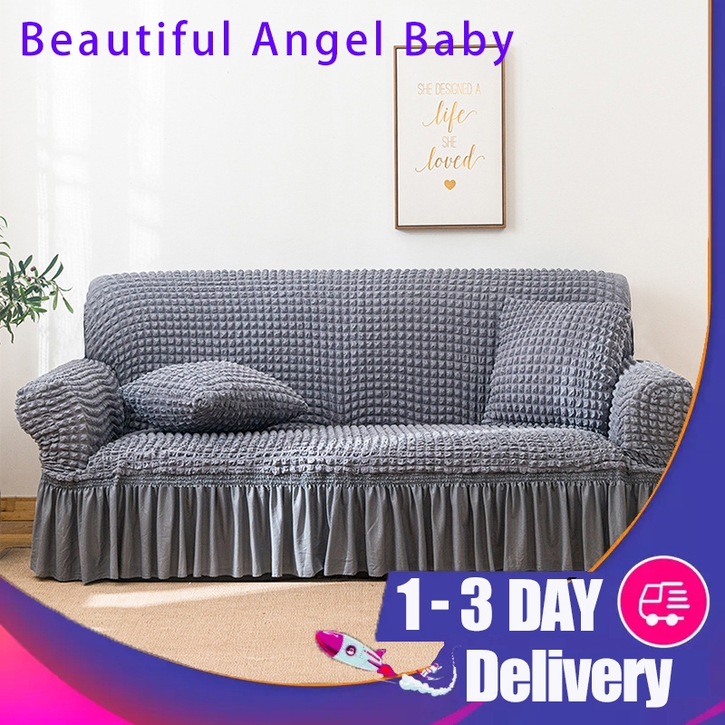 18 colors Seersucker Sofa Cover with Elastic Skirt 1 2 3 4 Seater Sofa ...