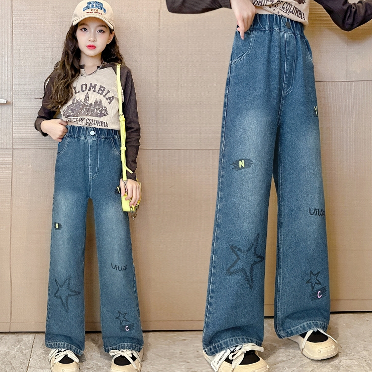 9-15Yrs Pants for Kids Girl Black Stars Wide-Leg Loose Pants Jeans ...