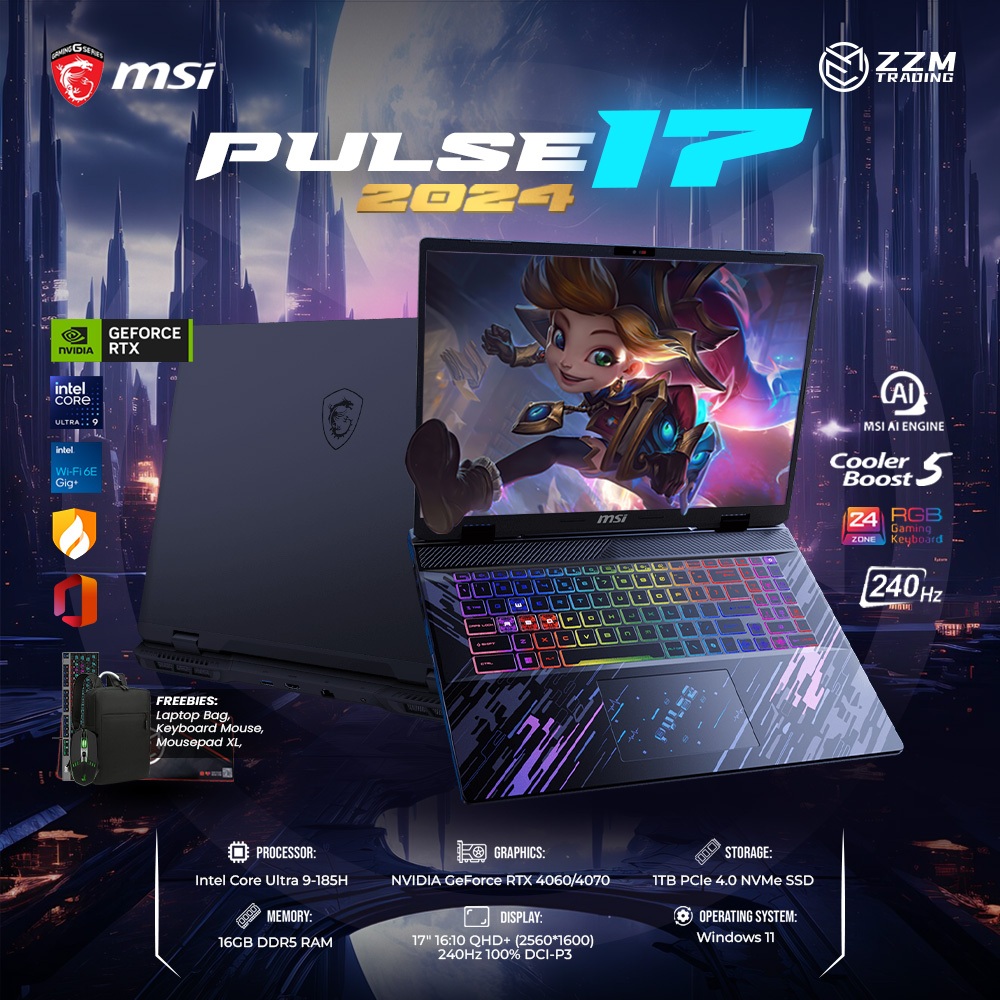 MSI Pulse 17 2024 core Ultra 9 185H 17" 16:10 2.5k RTX 4060/4070 240Hz ...