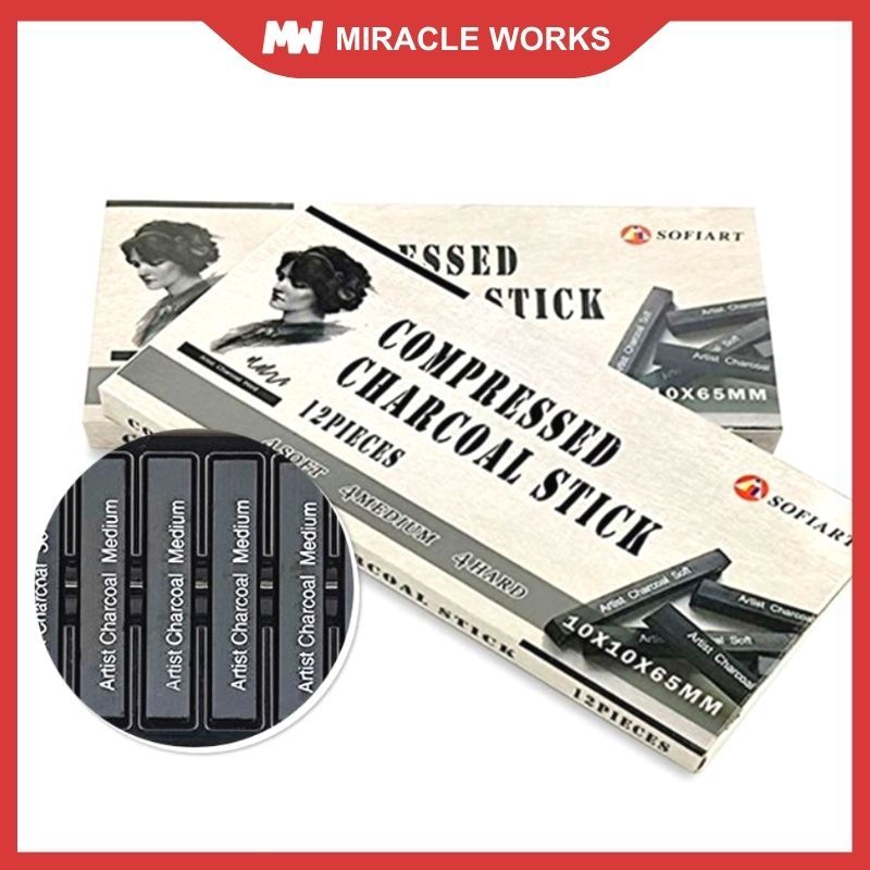 MW 12 pcs Compressed Charcoal Sticks Set for Sketch Drawing Carbon ...