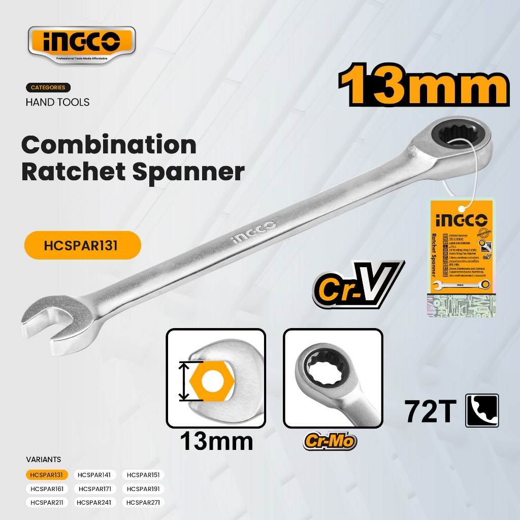 Ingco Combination Ratchet Spanner CR-V Matte Finish (13 | 14 | 17 | 19 ...