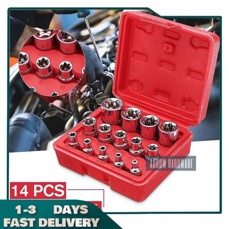 14pcs/set Female and Bit Type Sockets Wrench Head E4-e24 1/4" 3/8" Torx ...