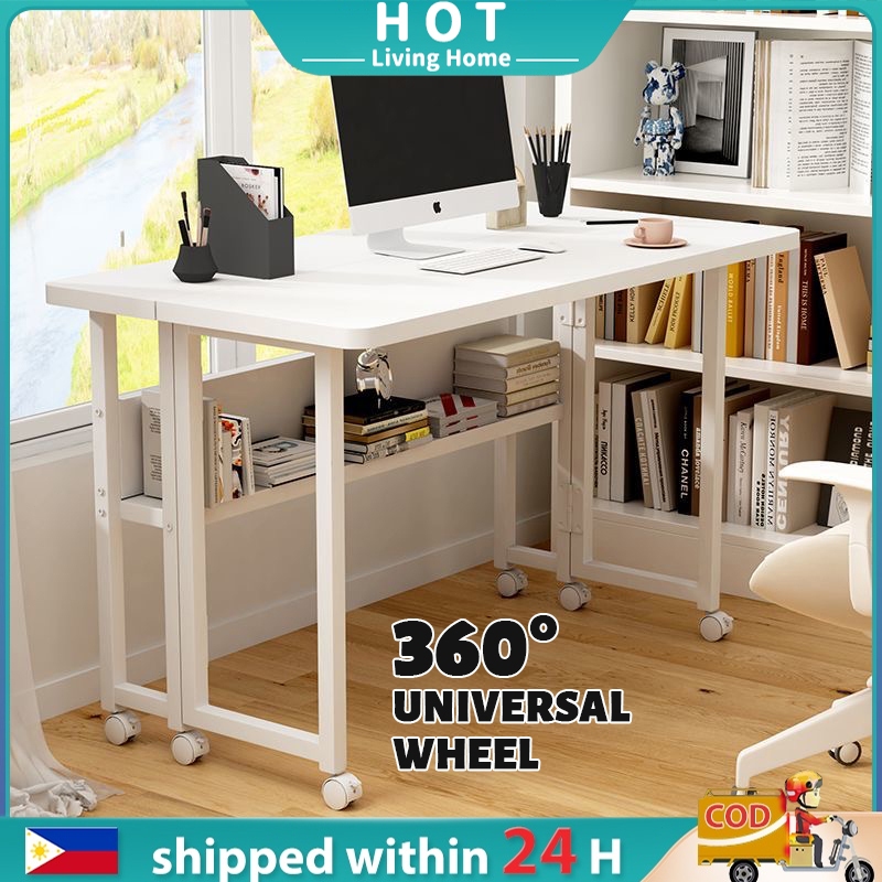 Movable Computer Desk With Wheels 2-layer Folding Study Desk Bedside ...