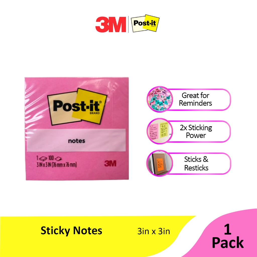 3M Post-it Sticky Notes 654-24ASST CP PINK, 3x3, 90 sheets, 3x3, 100 ...