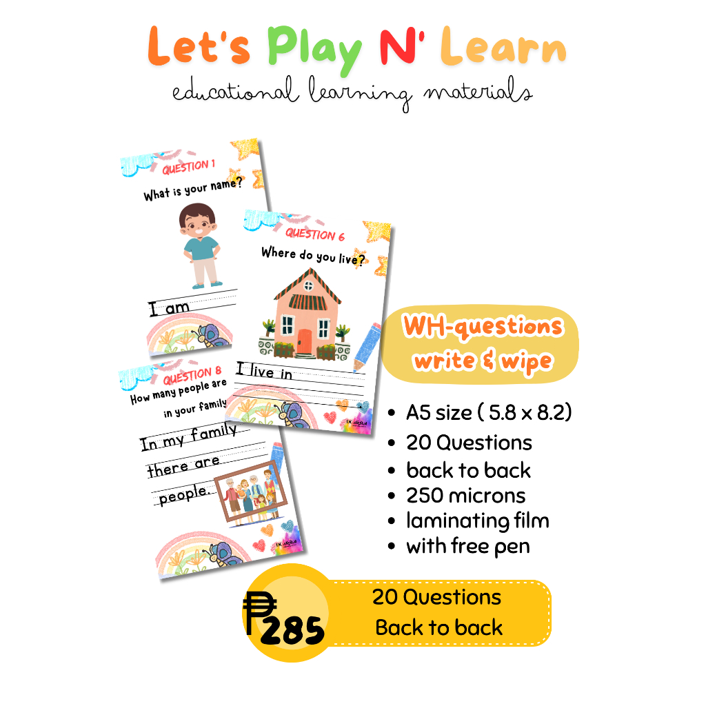 20WH-questions Laminated write and wipe A5 size 5.8 x 8.2 Back to back ...