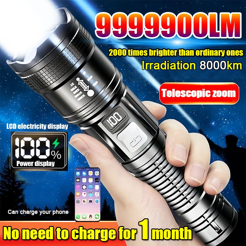 90000lumens Super Bright Zoom display LED Flashlight Rechargeabl ...