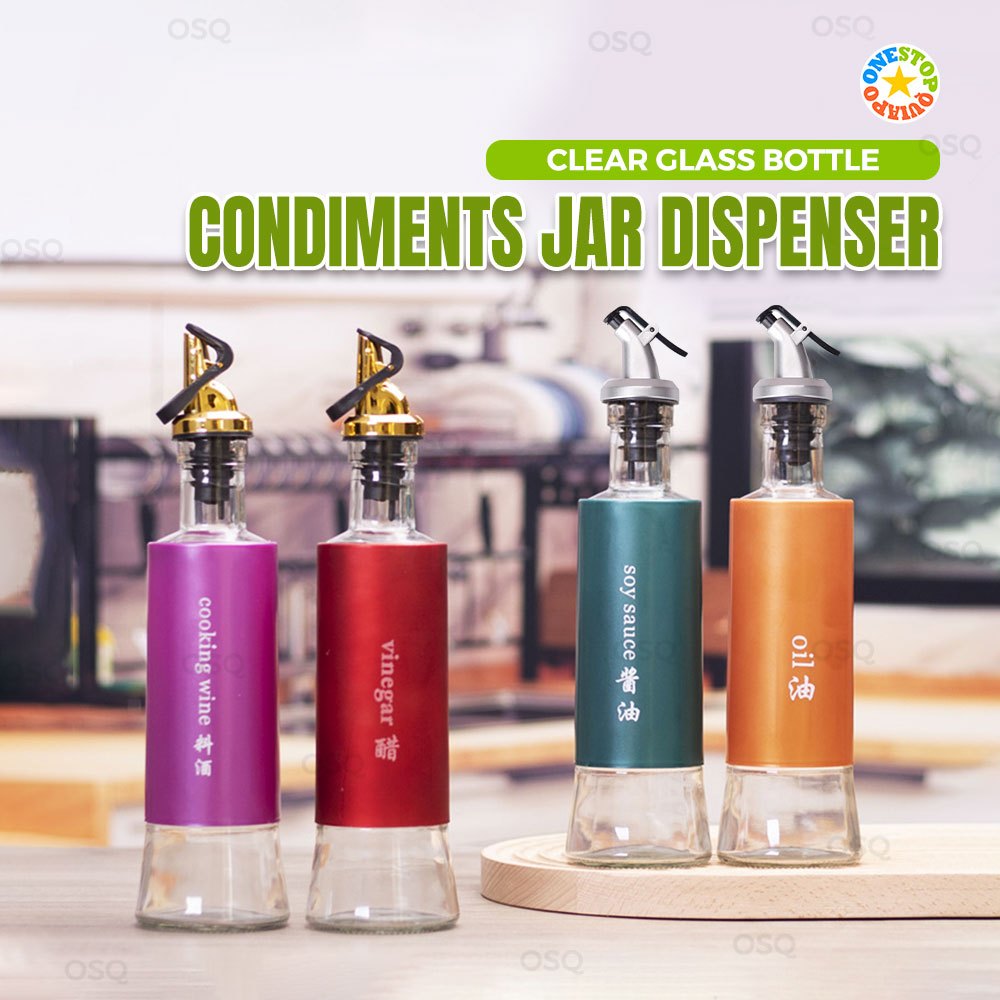 OSQ 300ml Clear Glass Condiments Bottle Sauce Oil Dispenser Stainless ...