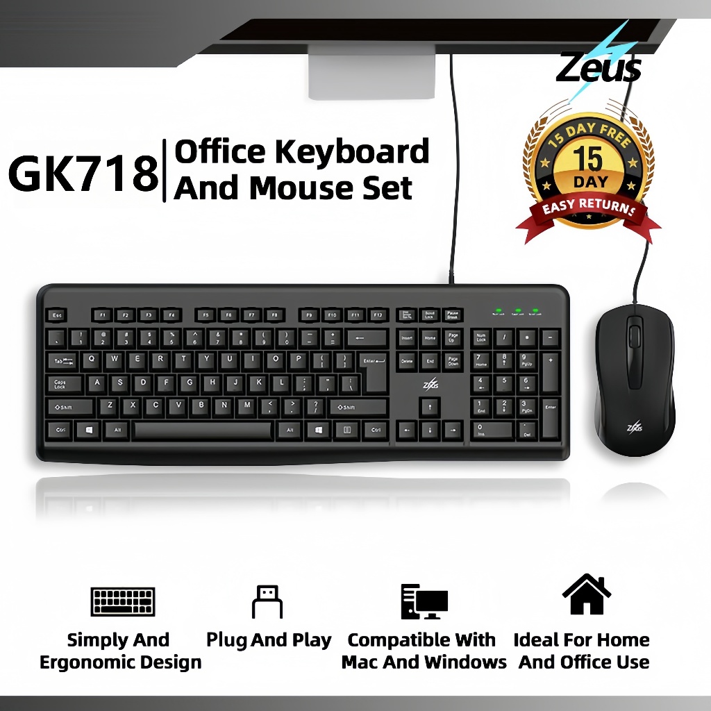 Zeus GK-718 Slimline Wired Keyboard and Mouse Combo Set USB Plug-and-Play Numeric Keypad Full ...