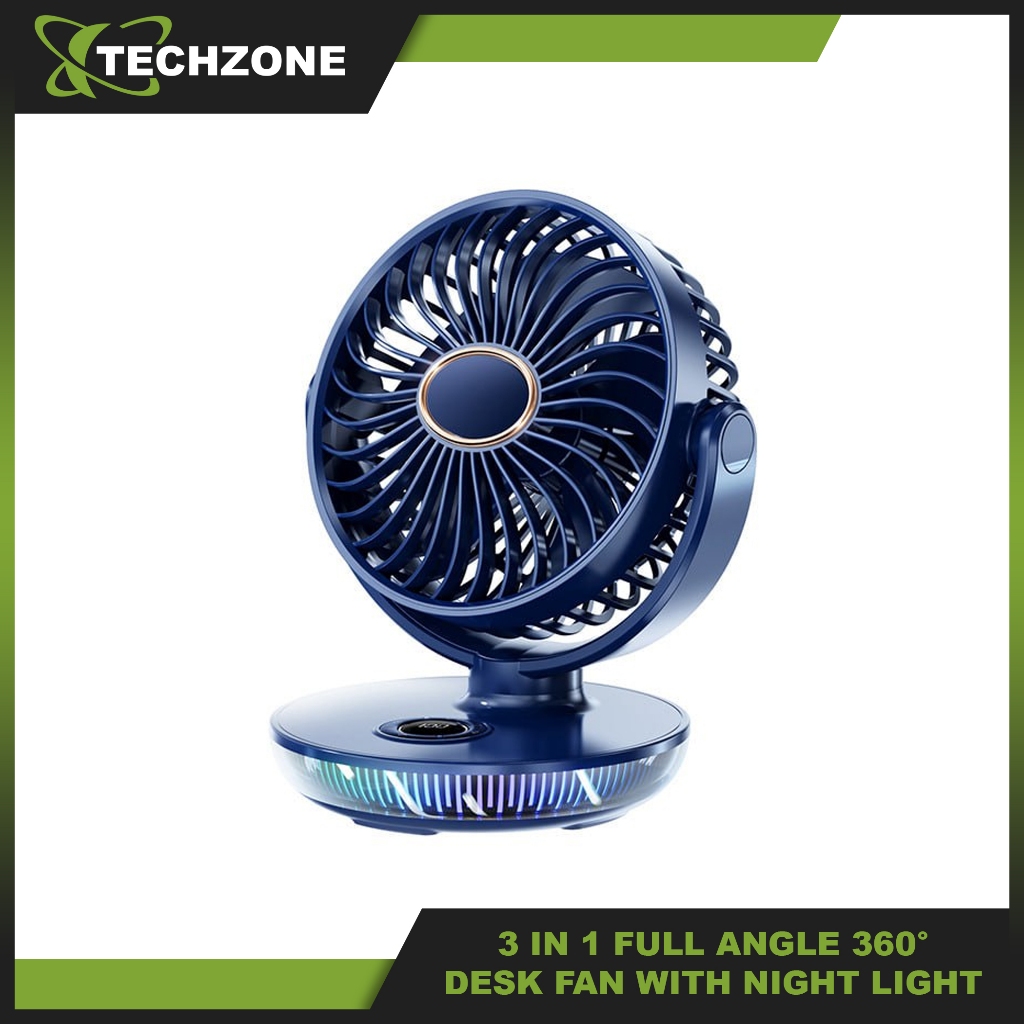 TECHZONE 3 in 1 Desk Fan with LED Night Light Portable USB Rechargeable ...