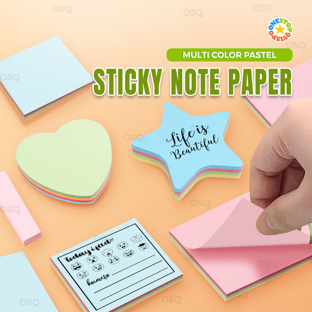 OSQ 50/100 Sheets Pastel Heart Square & Star Sticky Note Paper For ...