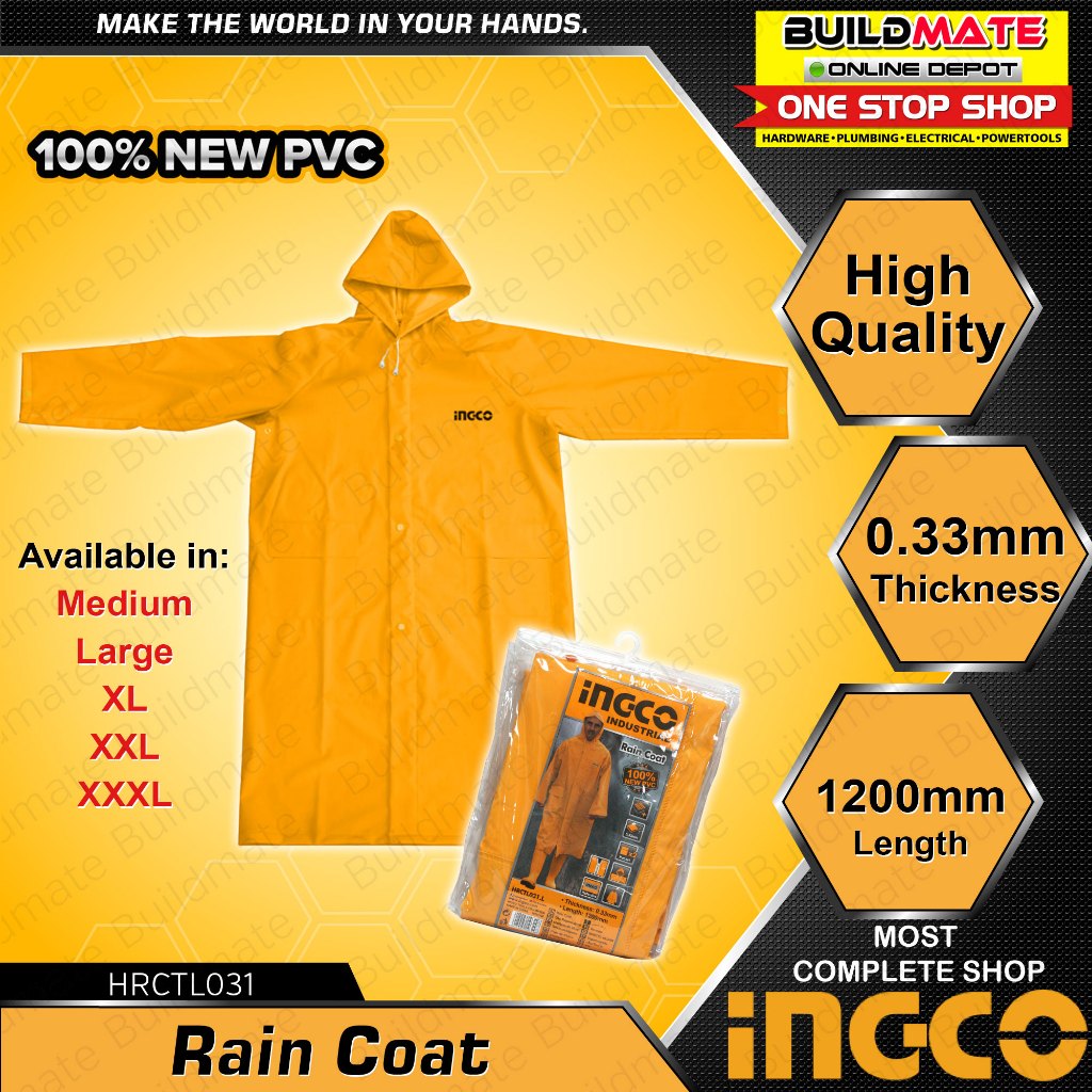 BUILDMATE Ingco Rain Coat 120cm L- XXL PVC Hooded Raincoat Waterproof ...