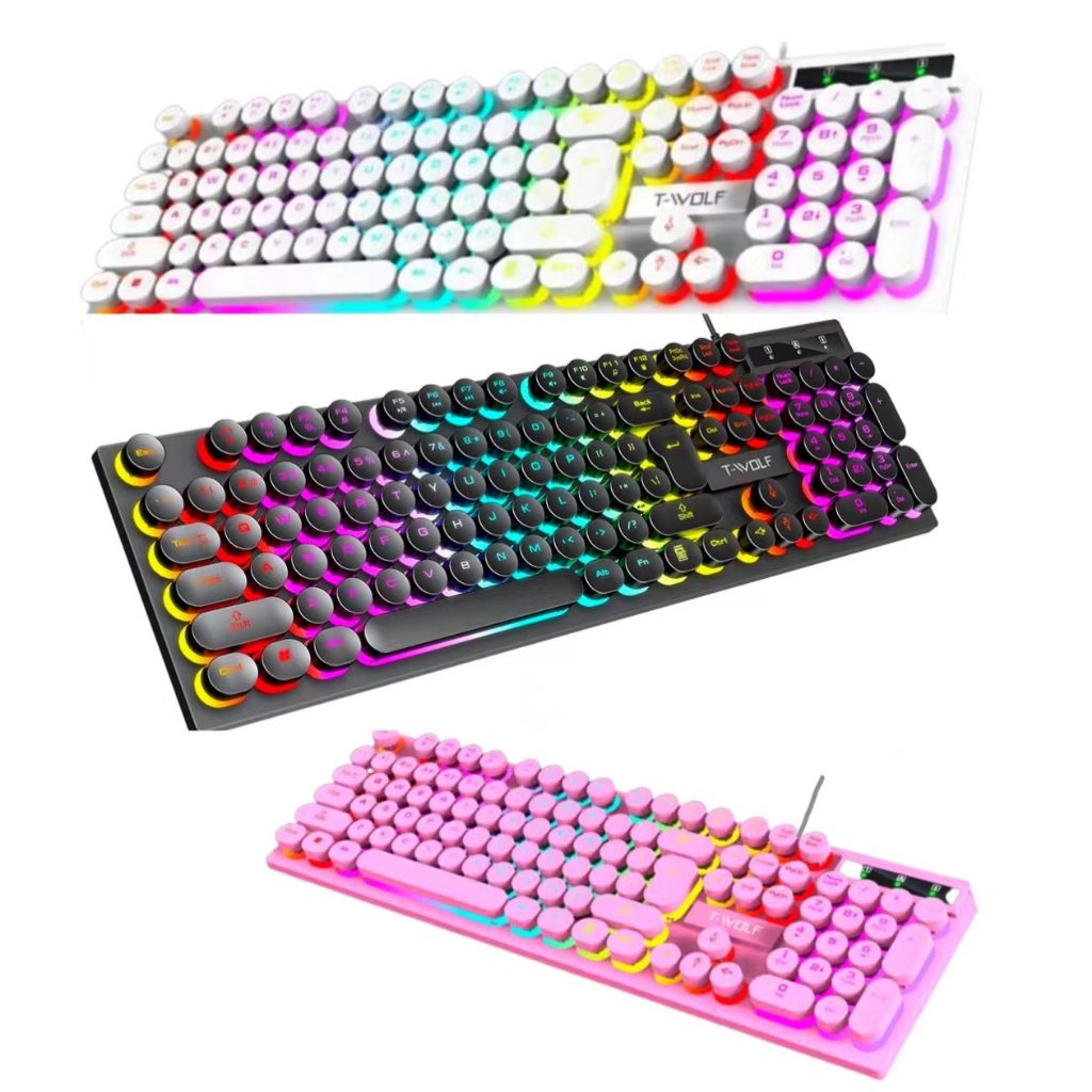 T-WOLF T80 Round Keycaps Retro Punk RGB Backlit Gaming Keyboard USB ...