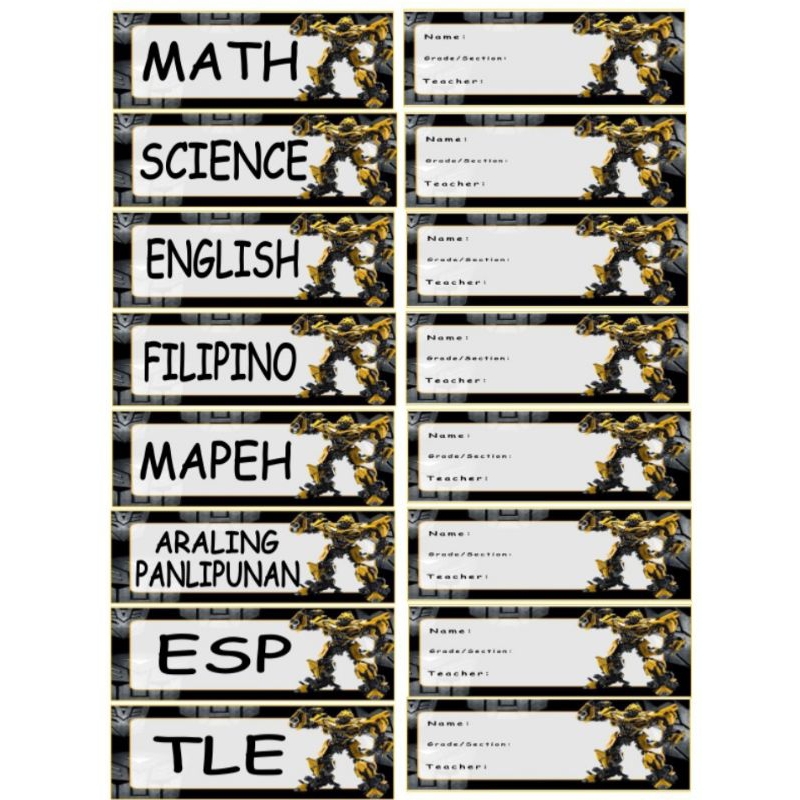 transformer name and subject sticker set (8subject 8name label ...