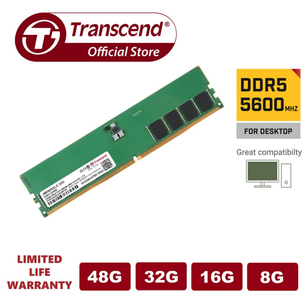 Transcend 16GB/ 32GB DDR5 5600MHz Long-DIMM Desktop Memory (JM5600ALE-16G/ 32GB) | Shopee ...