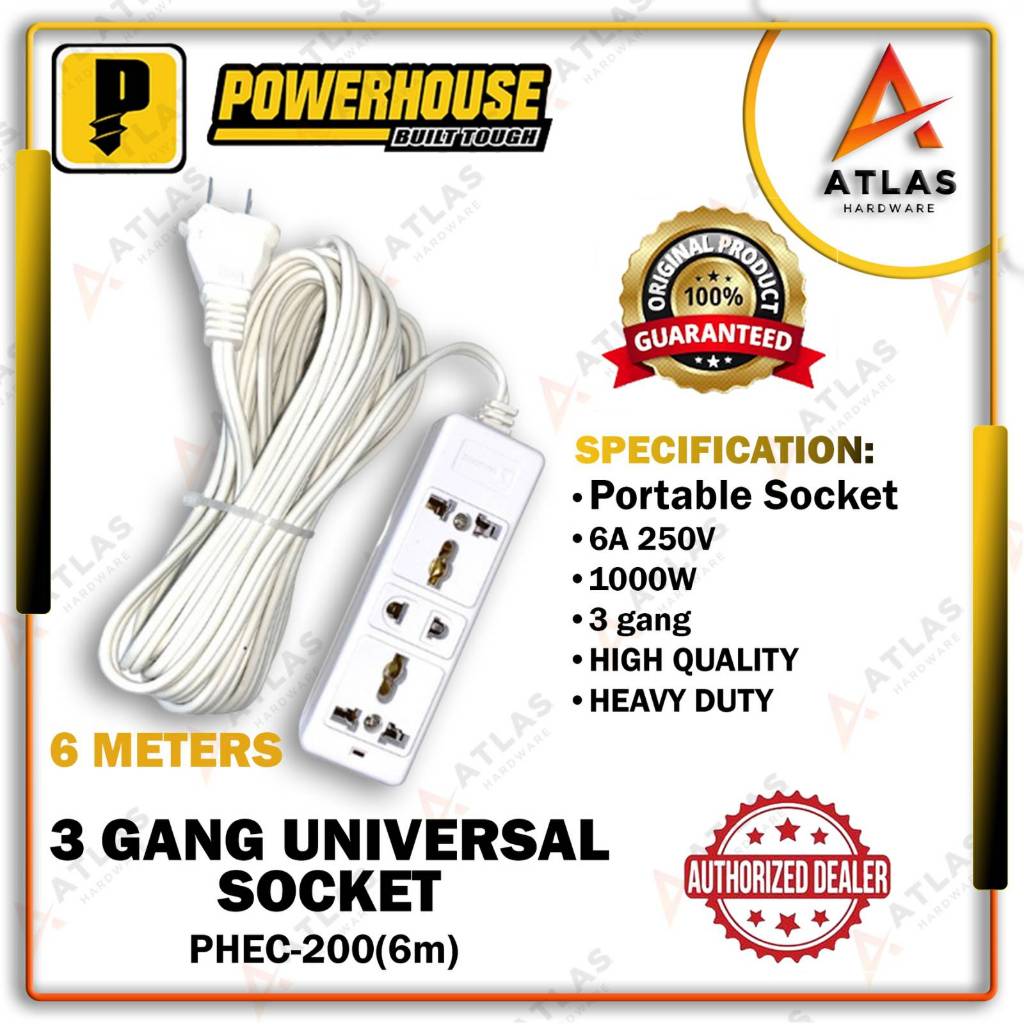 Powerhouse 3-Gang 6M Extension Cord Universal Outlet Socket Power Strip ...