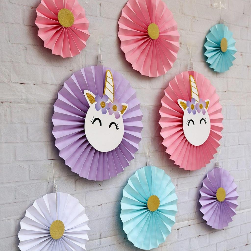 8in1 Unicorn theme paper fan set pastel color christening birthday ...