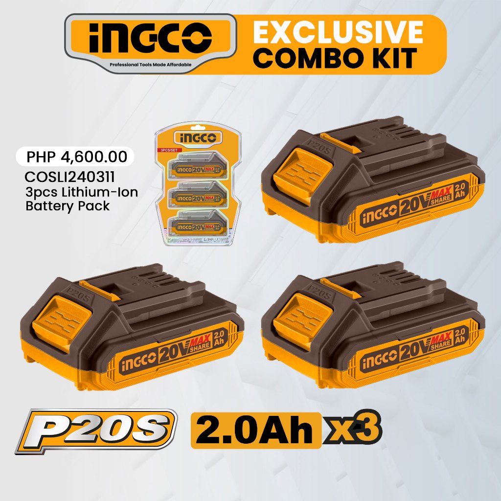Ingco 3PCS/SET P20S 2.0AH Lithium-Ion Rechargeable 20V Battery Kit COSLI240311 IPX | Shopee ...
