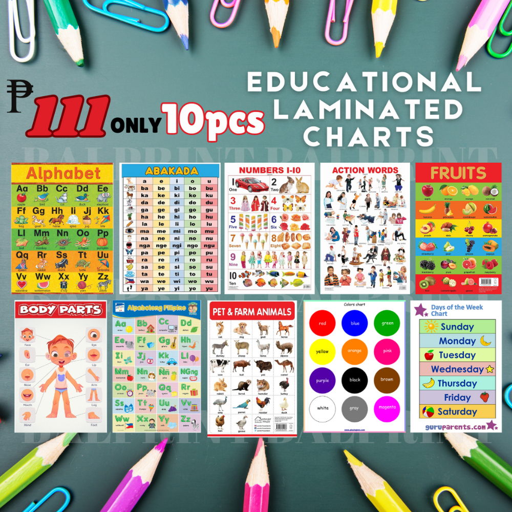 10 Pcs Chart For Kid Educational Wall English Alphabet Numbers Chart ...