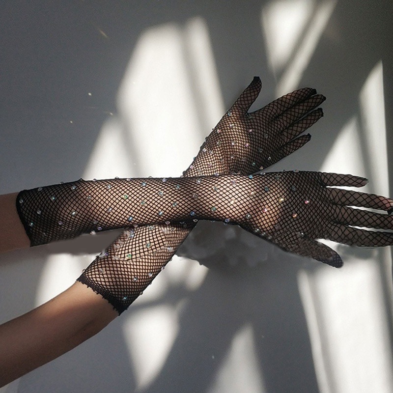 Fashion Sexy Hollow Glitter Rhinestone Fishnet Long Gloves Party ...