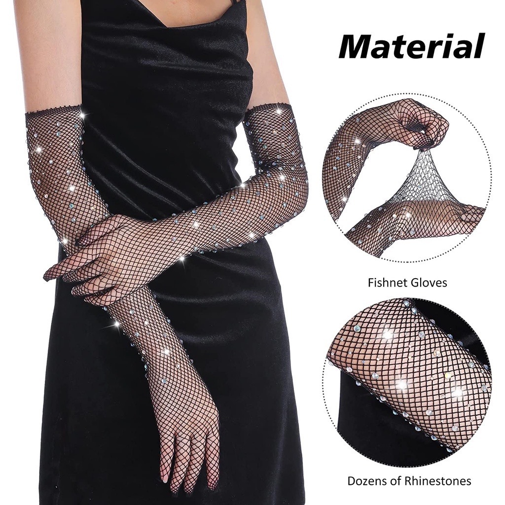 Fashion Sexy Hollow Glitter Rhinestone Fishnet Long Gloves Party Elegant Gloves Stretch Ladies ...