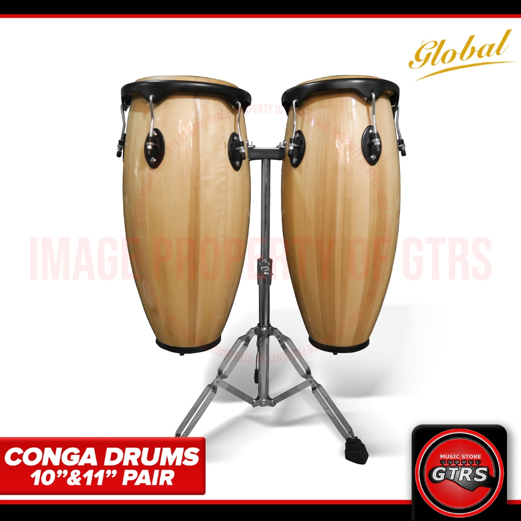 Global Conga Drum Pair Natural Wood with Double Conga Stand | Shopee ...
