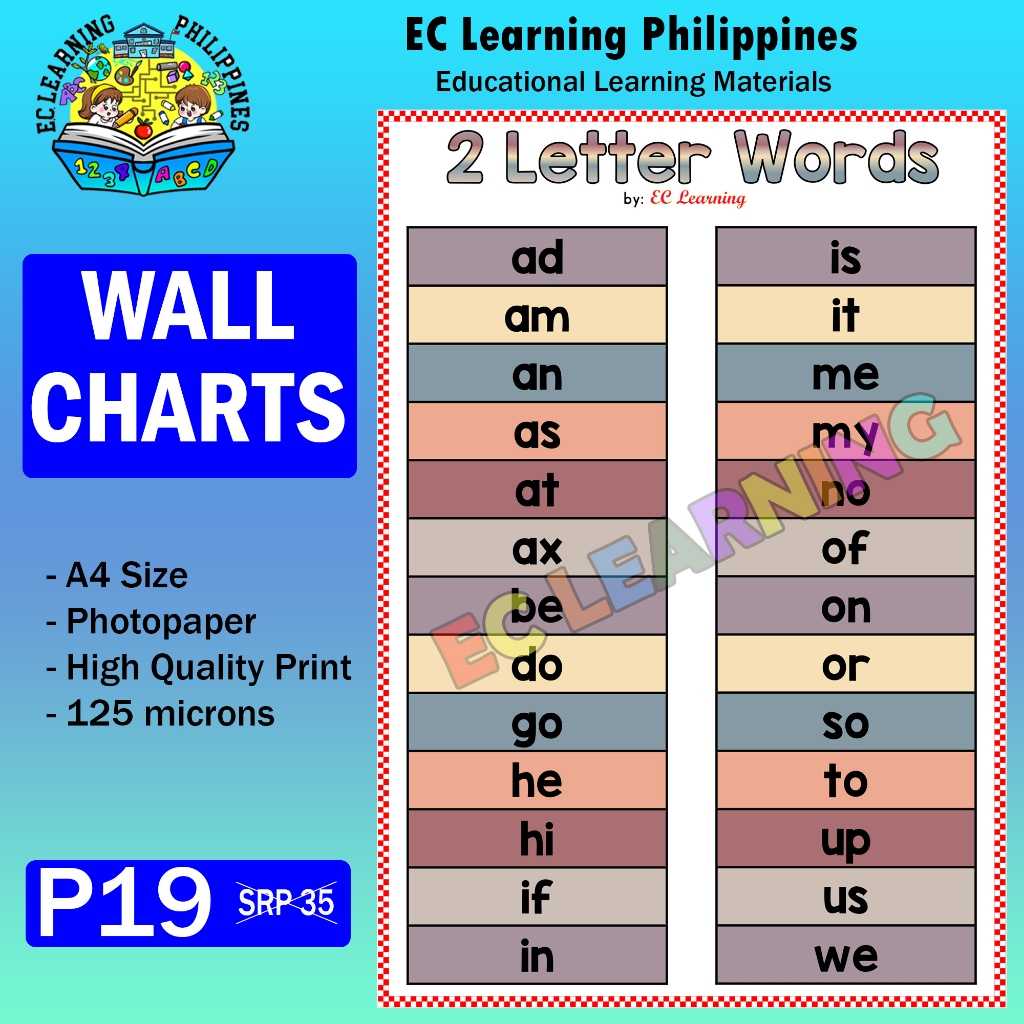 2 LETTER WORDS Laminated Educational Wallcharts for kids - EC LEARNING ...