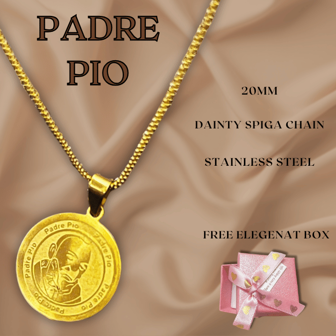 Padre Pio 20mm Pendant in Dainty Spiga Chain Gold Tone with Elegant Box ...
