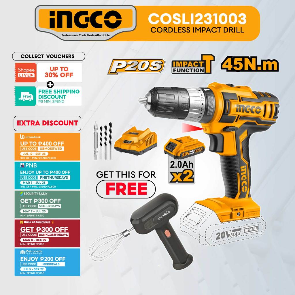 Ingco 2pcs Combo Kit 20V Cordless Impact Drill with Hand Mixer Drill ...