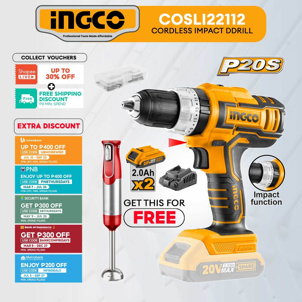 Ingco Combo Kit Set 20V Cordless Impact Drill With FREE Hand Mixer ...