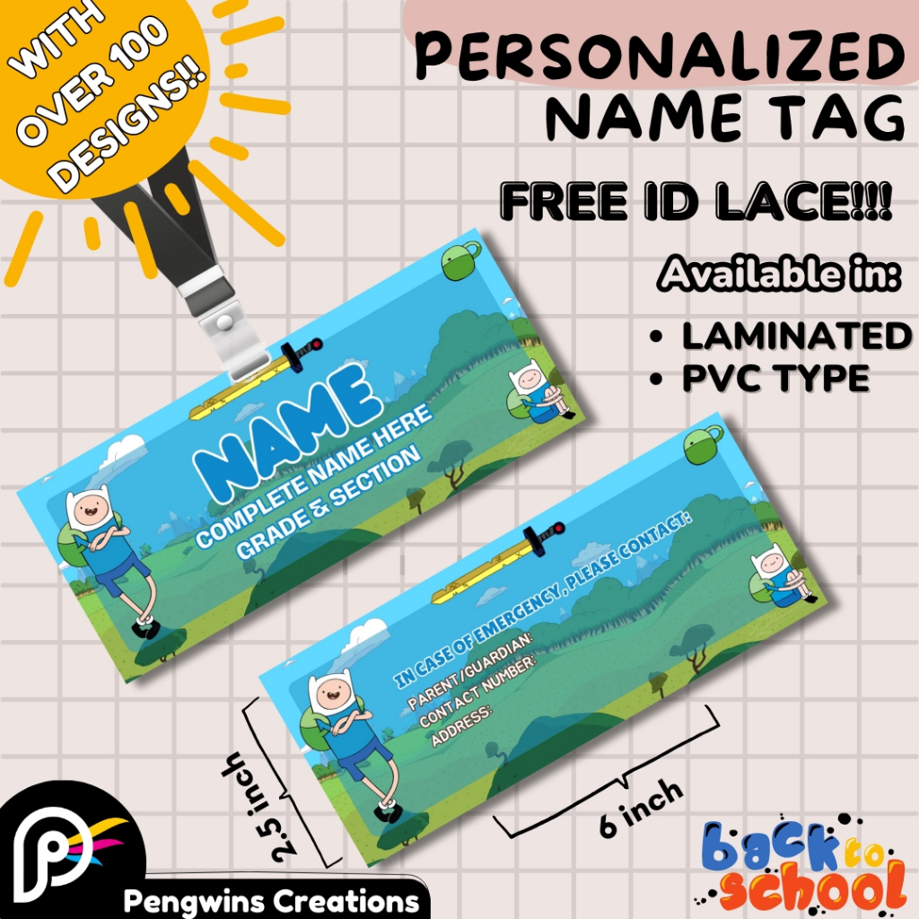 ADVENTURE TIME Designs - Customized PVC or LAMINATED School Name Tag ...