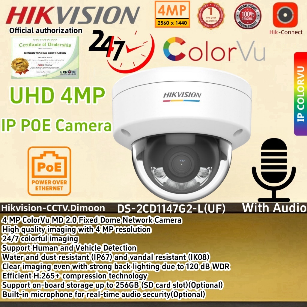 Hikvision 2MP/4MP Full time ColorVu MD 2.0 Fixed Dome Network Camera With audio IP camera IP67 ...
