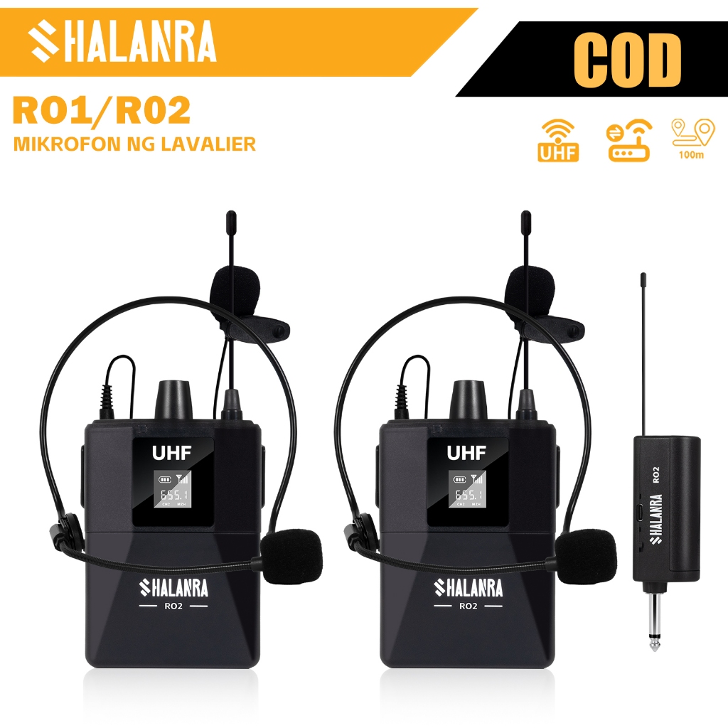 RO2 UHF wireless microphone system including head-worn microphone and wireless lavalier ...