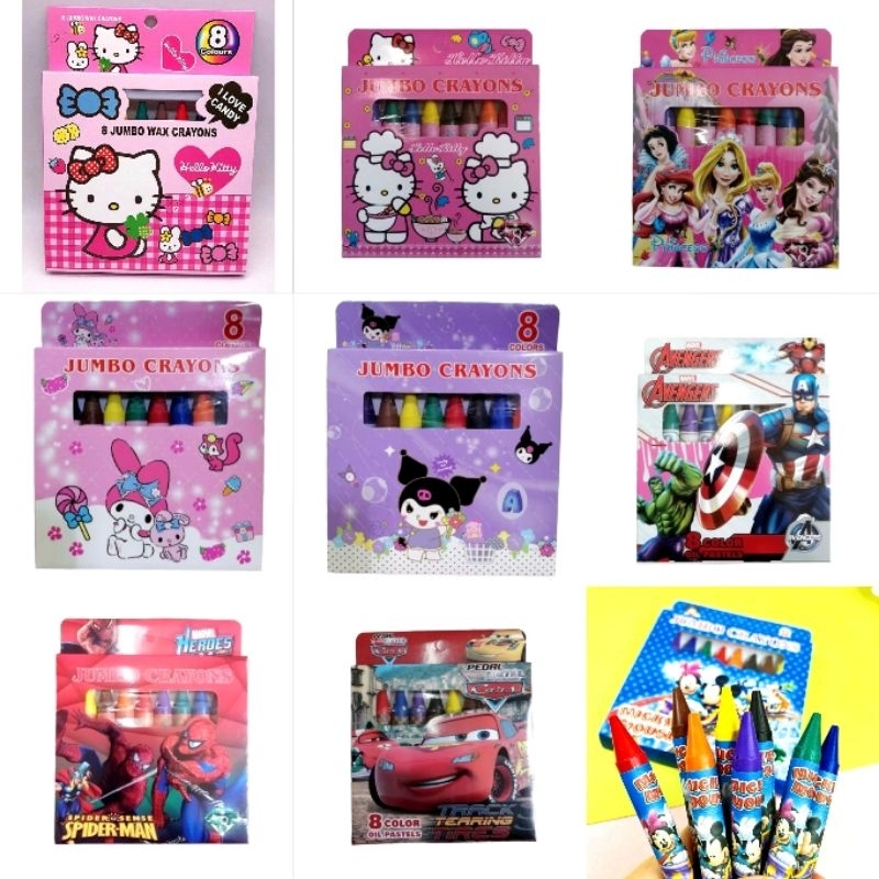 8 Colors Sanrio Character Jumbo Crayons Hello Kitty Kuromi Melody Cars ...
