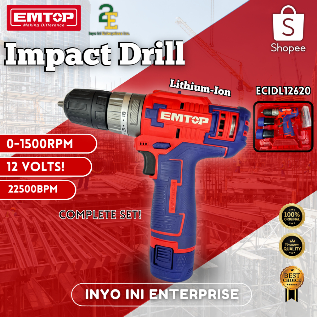 EMTOP Heavy Duty Lithium-Ion Impact Drill ECIDL12620 (12 Volts, 0-400/0-1500rpm,Torque: 45Nm ...