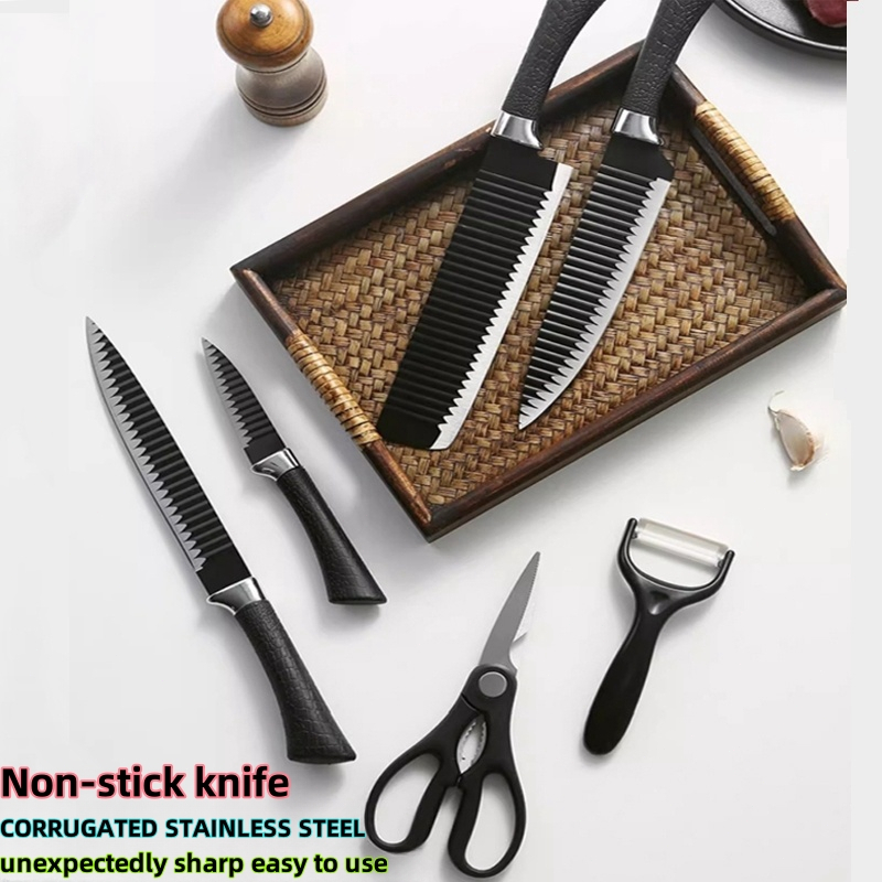 knife kitchen tool set black non-stick 6 pcs knife set stainless ...