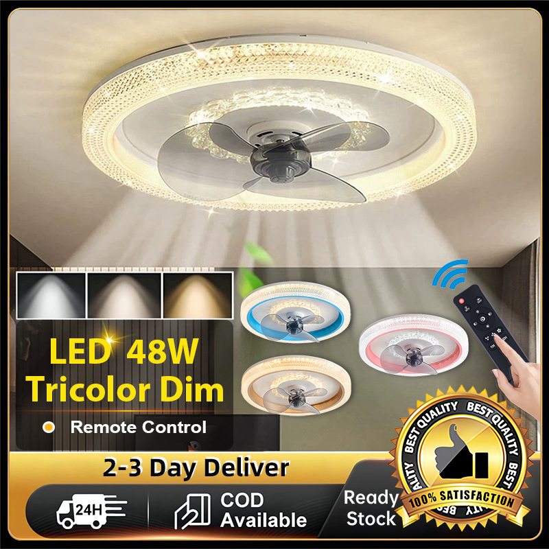 (HOT)LED Tricolor Dim ceiling Fan with light Bedroom Fan With Remote ...