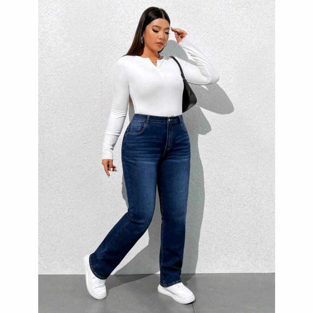Plus Size High Waist Straight Cut Style Denim Jeans | Shopee Philippines
