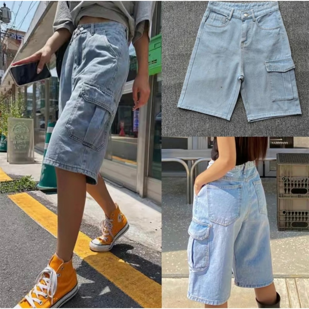 High-Waisted Cargo Denim Shorts Korean Style Five-Pocket FIve-Point ...